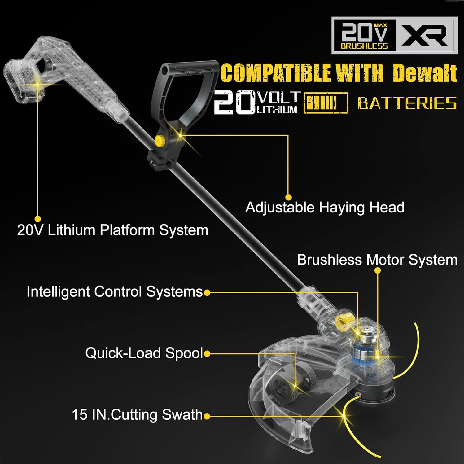 15‘’ Cordless String Trimmer for Dewalt 20V Battery (Battery Included ...